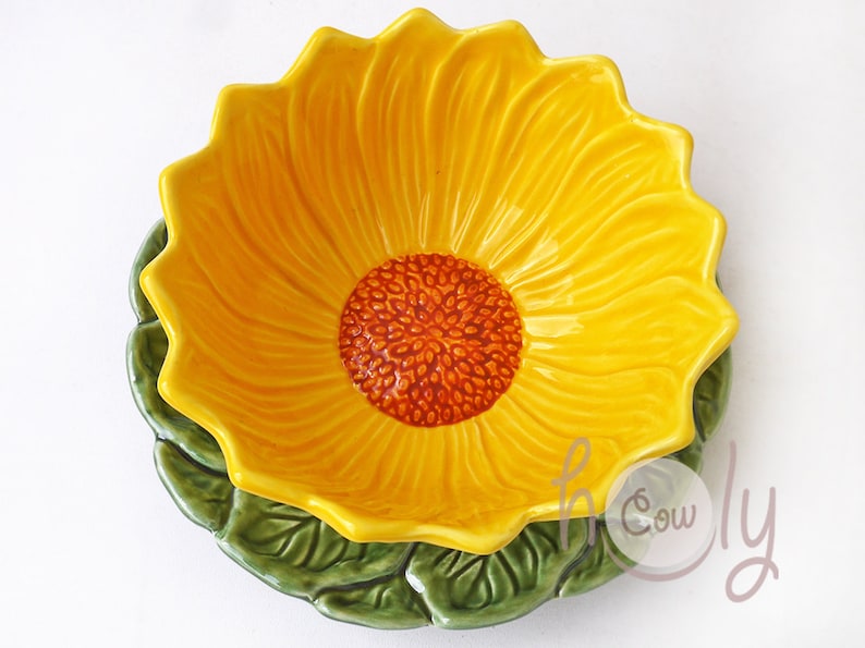 Handmade Colorful Ceramic Sunflower Bowl on Leaf Plate, Ceramic Bowl ...