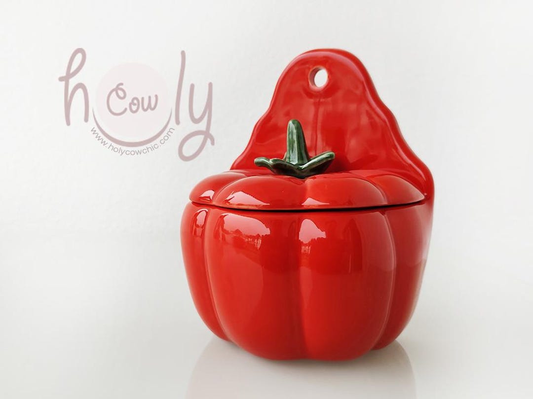 Handcrafted Wall Mountable Ceramic Tomato Salt Container With Lid, Salt ...