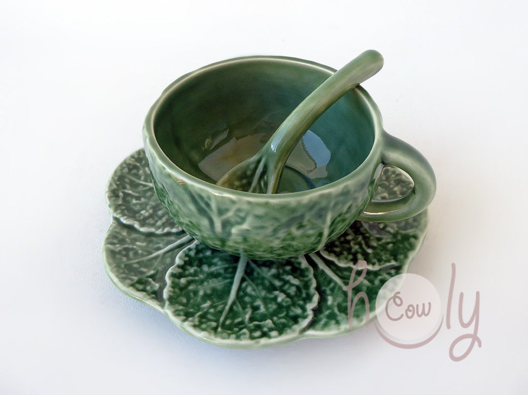 Handmade Small Ceramic Cabbage Leaf Cup, Saucer and Spoon, Ceramic Leaf ...