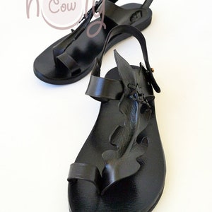 Handmade Leaf Sandals, Black Leather Sandals, Womens Boho Sandals ...