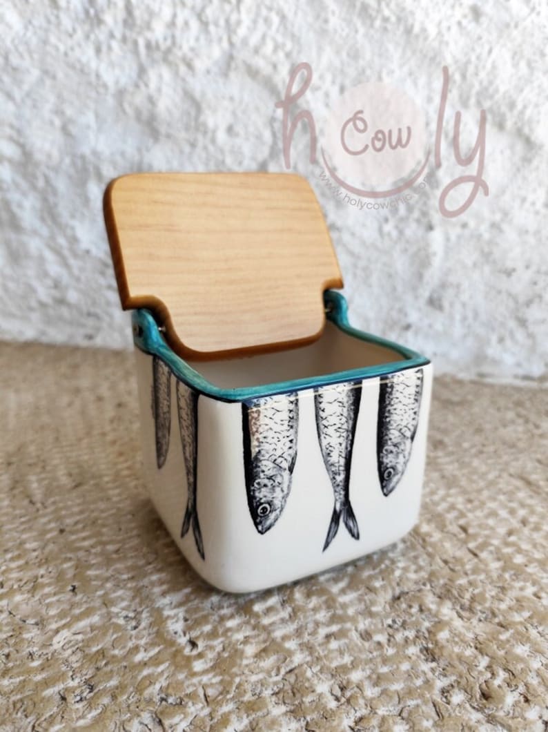Ceramic Container With Wooden Lid and Decorated With Fish Sardines ...