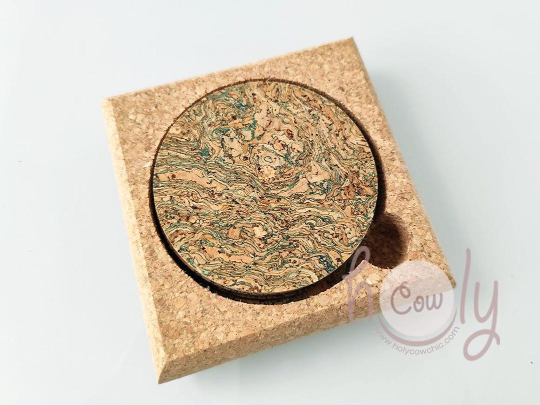 Set of Six Eco Green Circular Cork Coasters With Cork Holder, Coaster ...
