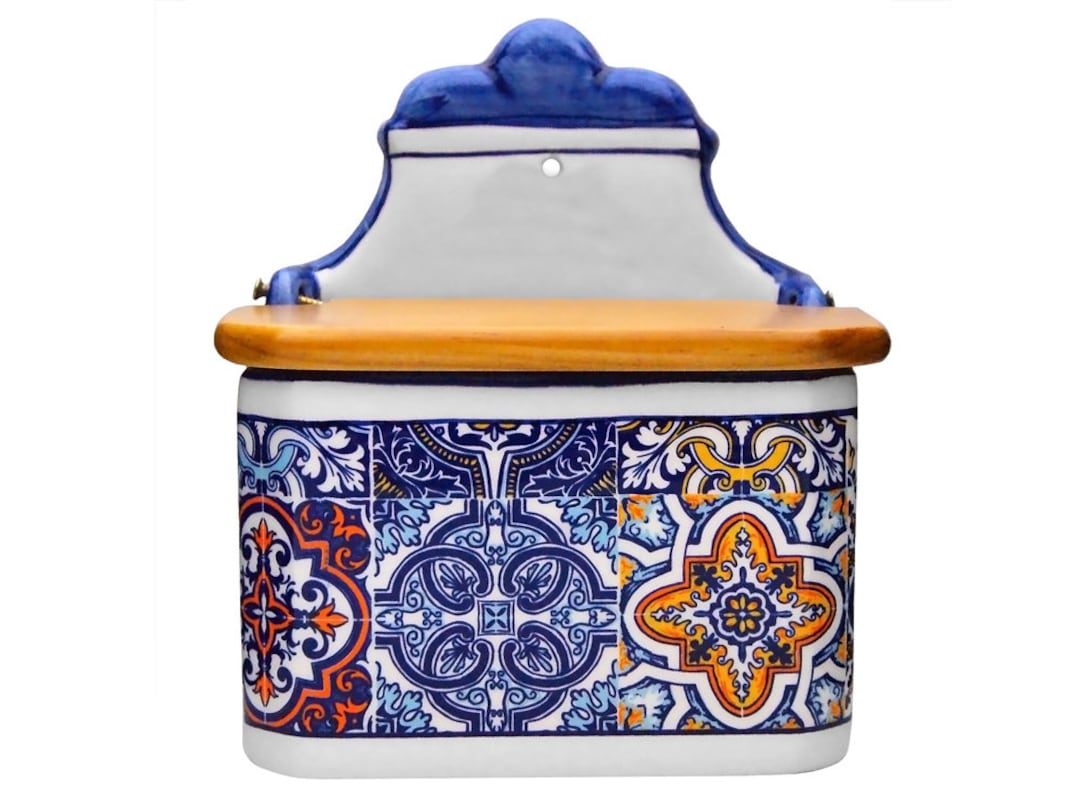 Wall Mountable Ceramic Salt Container With Wooden Lid and Decorated ...