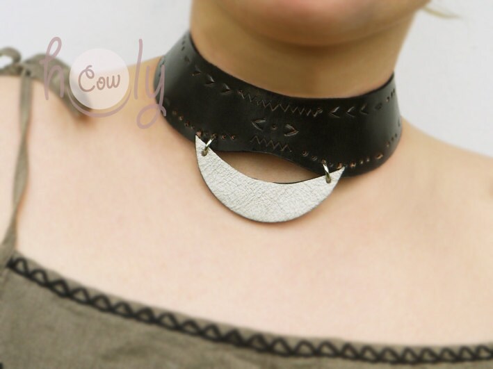 Leather Necklace With Silver Leather Crescent Moon Moon | Etsy