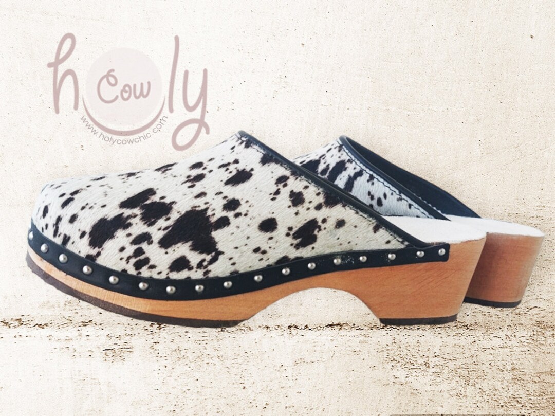 Handmade Womens Traditional Black and White Hairy Cowhide Leather Clogs ...
