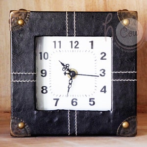 Black Tabletop Square Clock Made From Vegan Leather, Rustic Clock ...