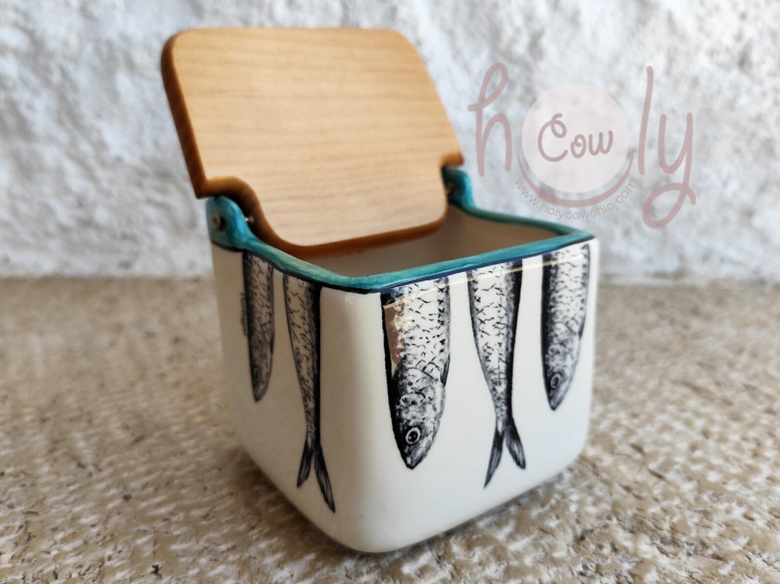 Ceramic Container With Wooden Lid and Decorated With Fish Sardines ...