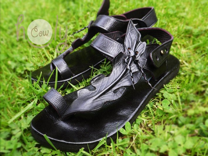 Handmade Leaf Sandals, Black Leather Sandals, Womens Boho Sandals ...