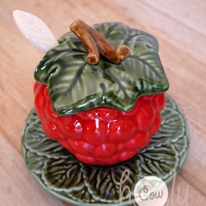 Handmade Ceramic Raspberry Bowl With Spoon on Leaf Plate, Ceramic Fruit ...