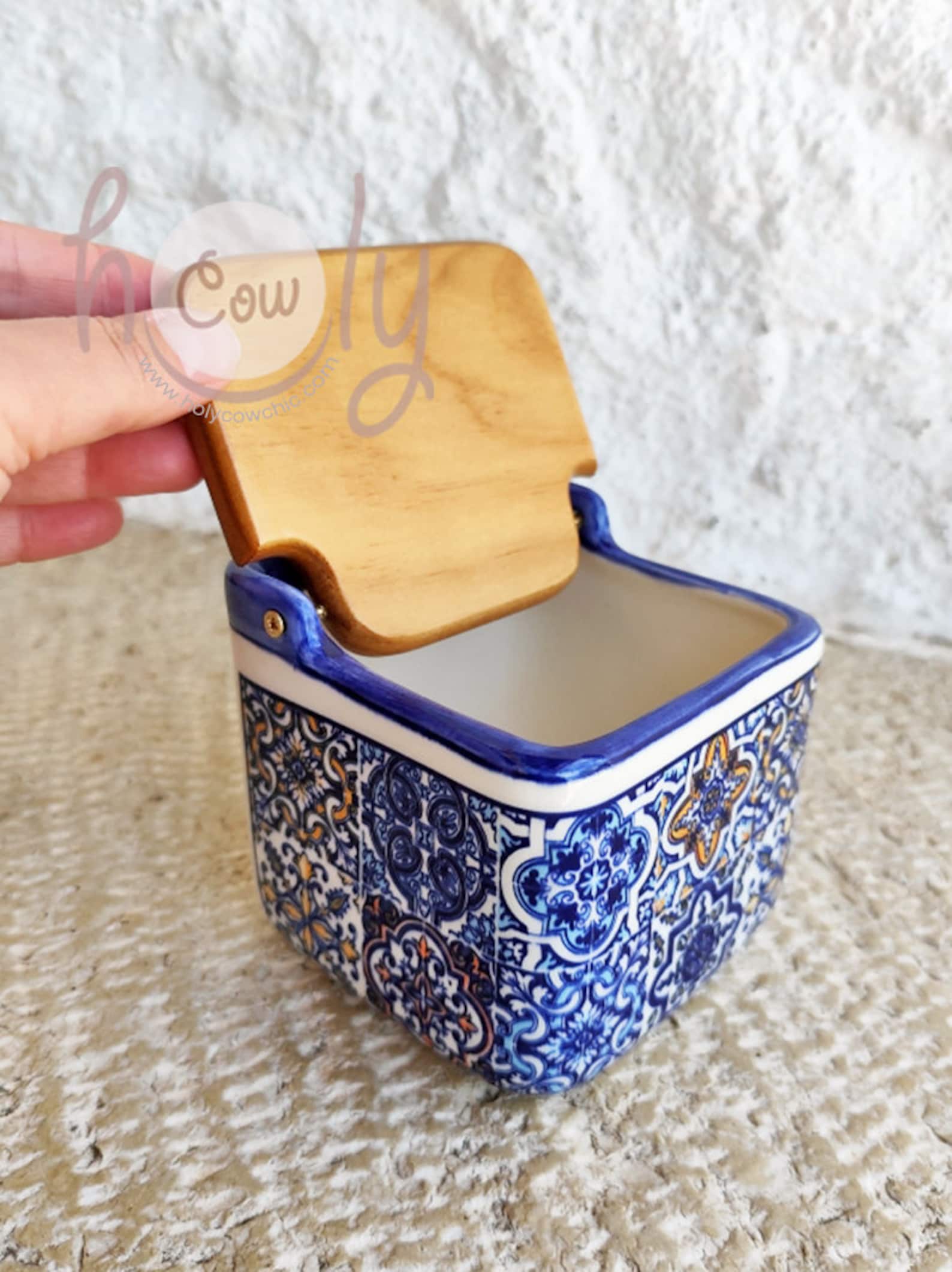 Ceramic Container With Wooden Lid and Decorated With Hand Painted ...