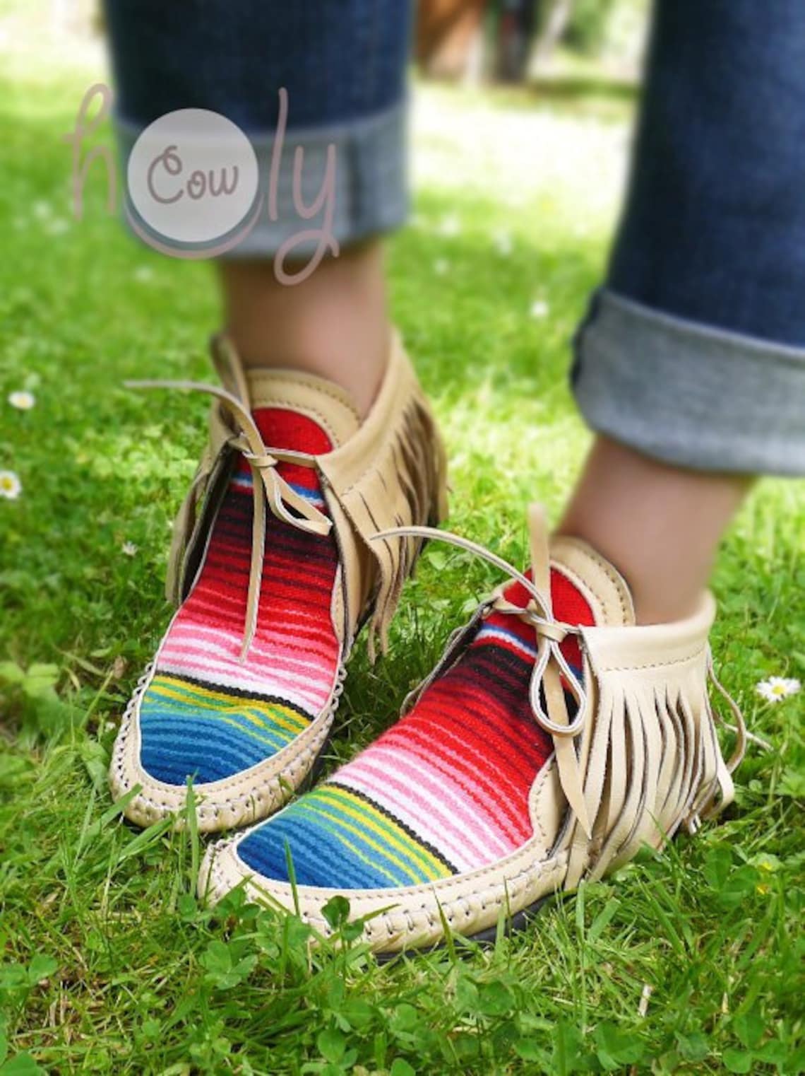 Beige Leather Serape Moccasins, Womens Moccasins, Beige Serape Boots ...