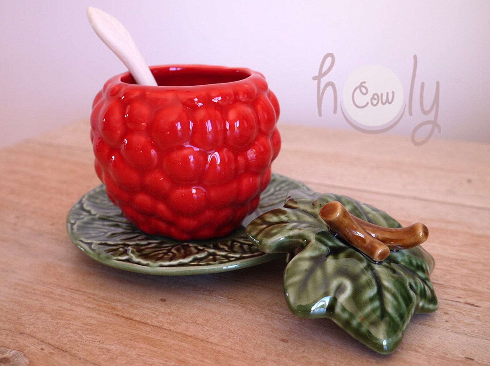 Handmade Ceramic Raspberry Bowl With Spoon on Leaf Plate | Etsy
