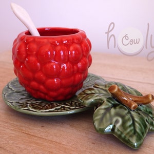 Handmade Ceramic Raspberry Bowl With Spoon on Leaf Plate, Ceramic Fruit ...