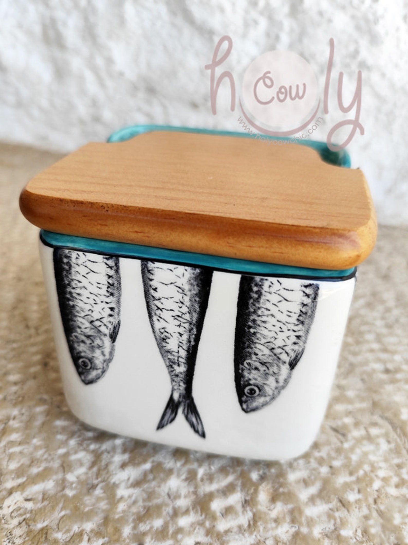 Ceramic Container With Wooden Lid and Decorated With Fish Sardines ...