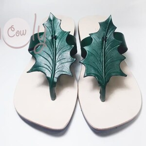 Handmade Green Leather Leaf Sandals, Womens Sandals, Mens Sandals ...