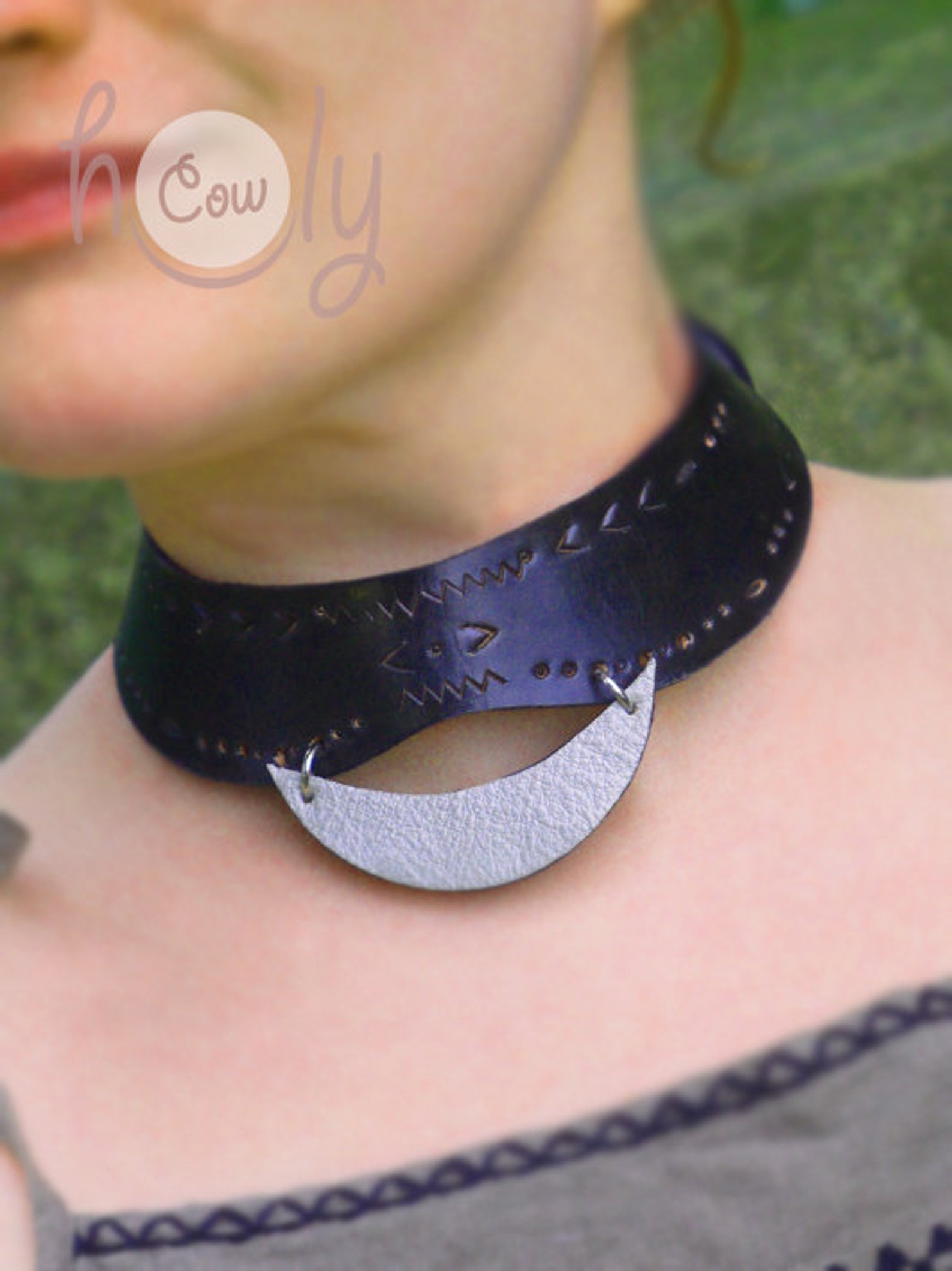 Leather Necklace With Silver Leather Crescent Moon Moon - Etsy