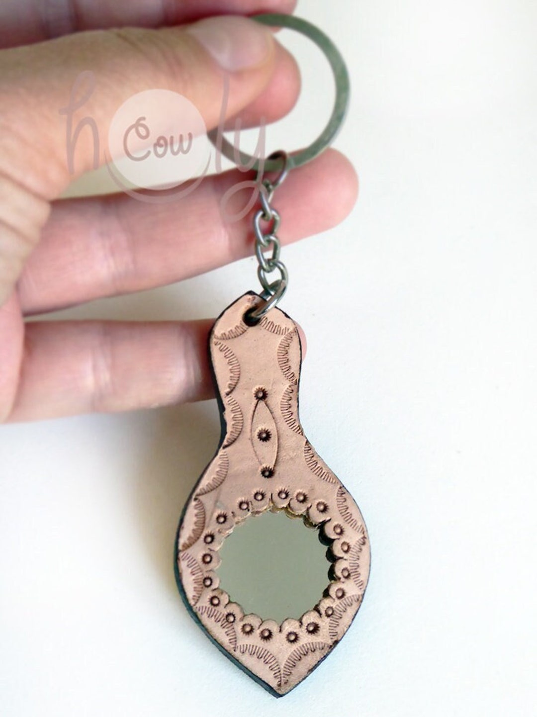 Handmade Beige Leather Mirror Key Ring, Keychain, Key Fob, Mirror Key ...