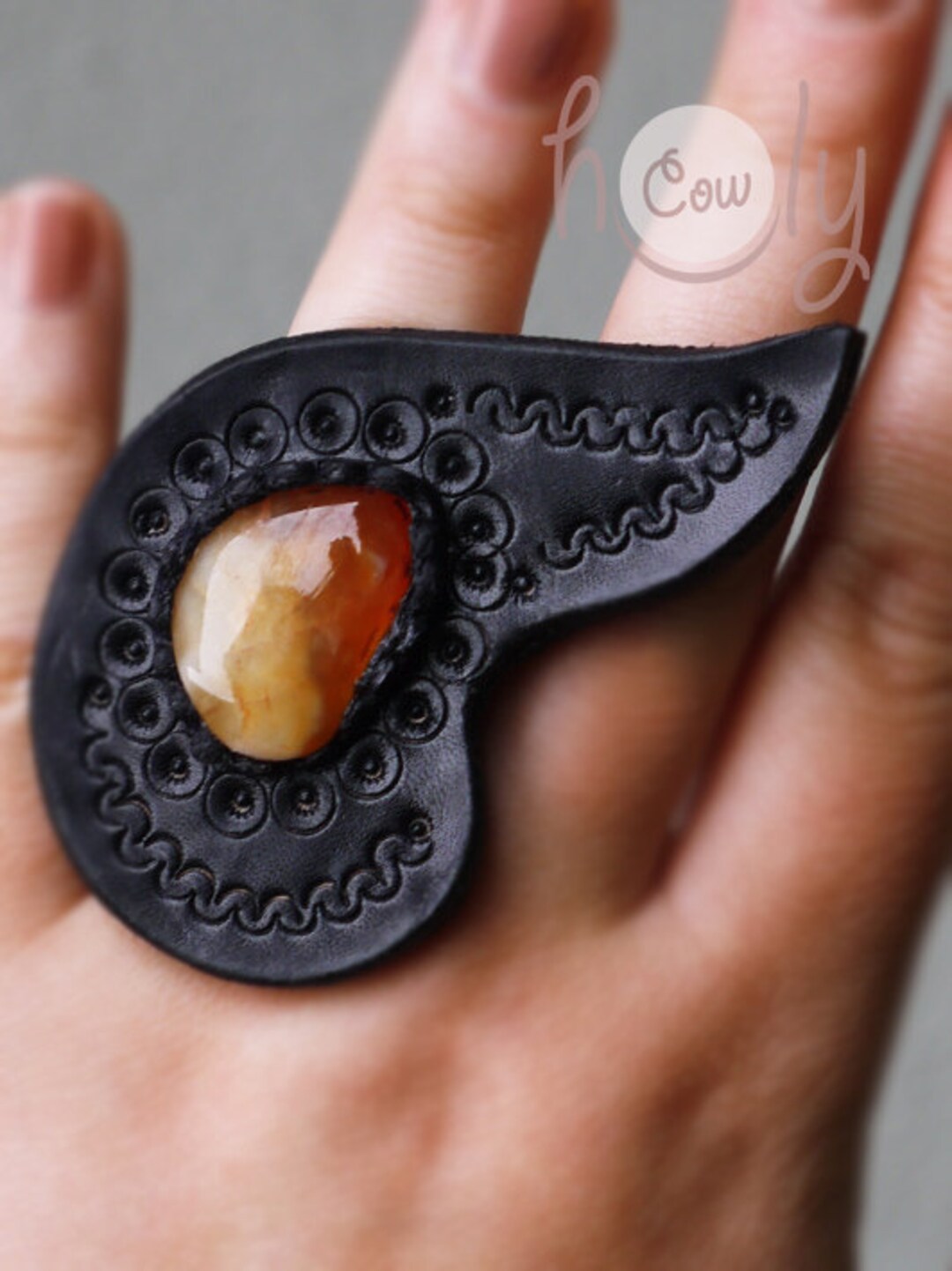 Handmade Adjustable Leather Ring, Ring, Leather Ring, Orange Gemstone ...
