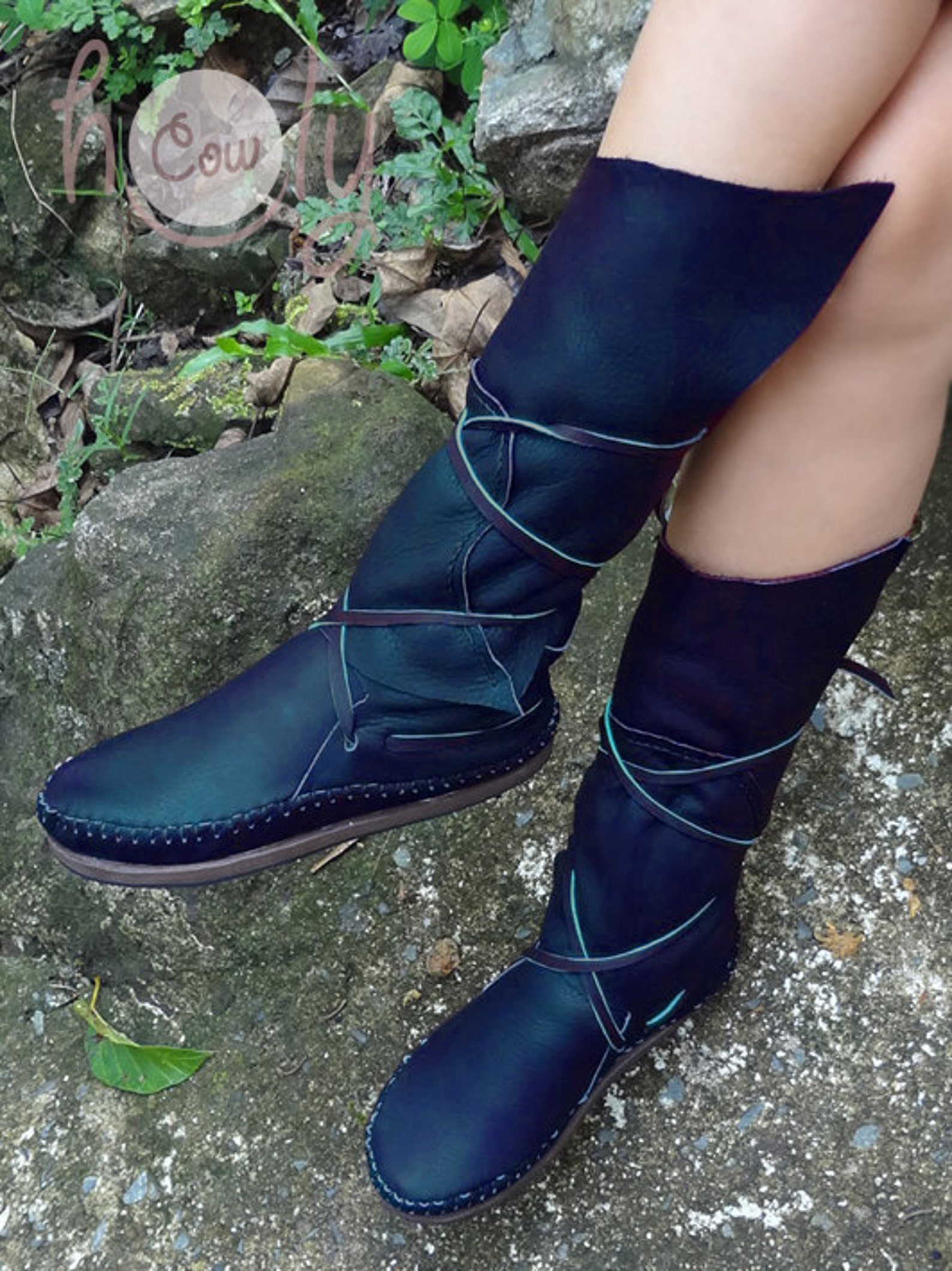 Blue Leather Moccasins, Blue Moccasin Boots, Moccasins Women, Moccasins ...