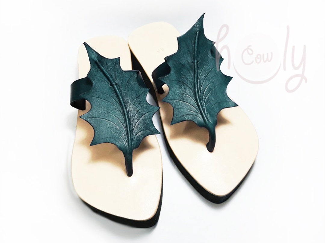 Handmade Green Leather Leaf Sandals, Womens Sandals, Mens Sandals ...