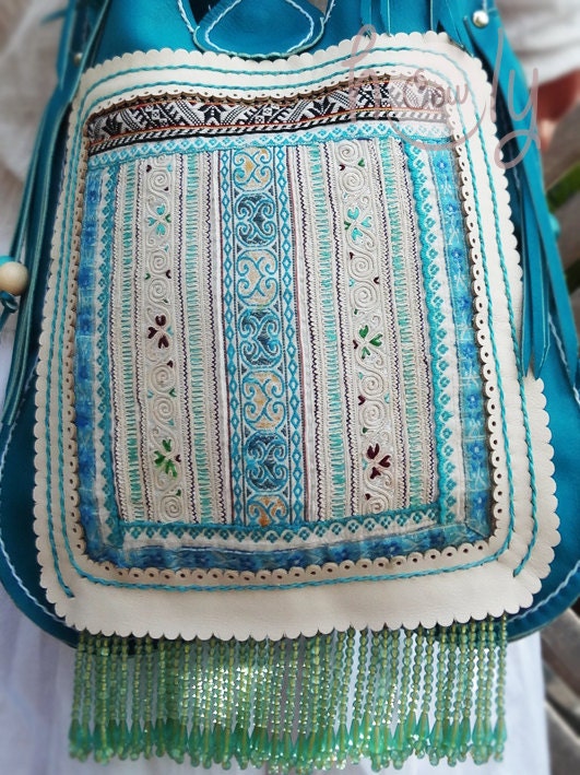 Hmong Bag Leather Shoulder Bag Bag Turquoise Leather Bag | Etsy