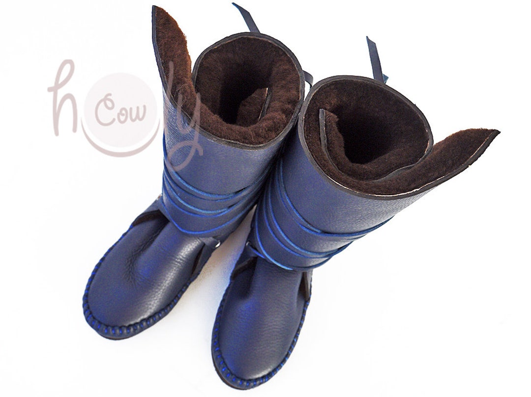 Blue Leather Moccasins Lined With Warm Thick Brown Woolly Sheepskin ...