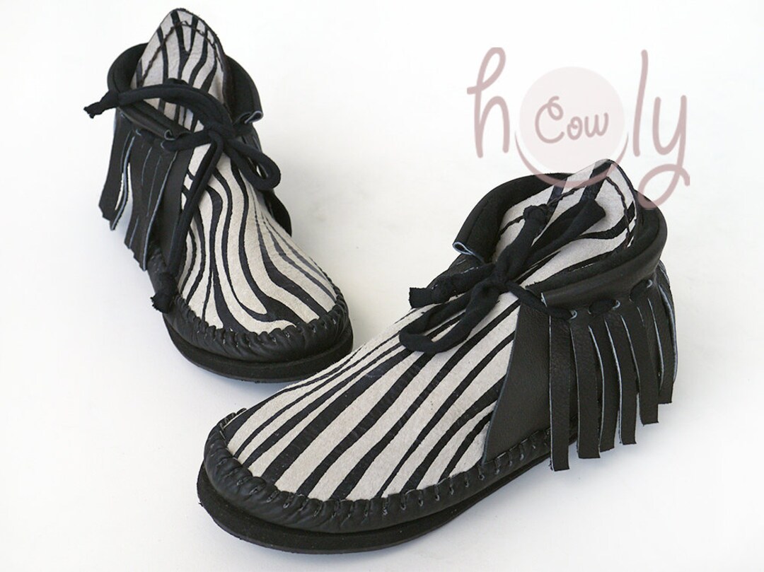 Black Leather Boots With Zebra Print, Moccasins Women, Moccasin Boots ...