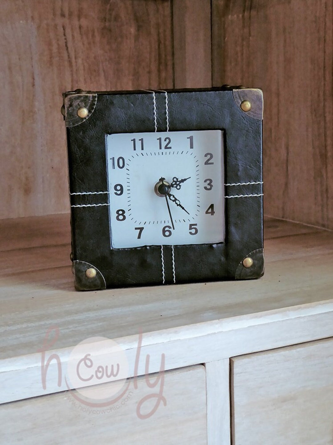 Black Tabletop Square Clock Made From Vegan Leather, Rustic Clock ...
