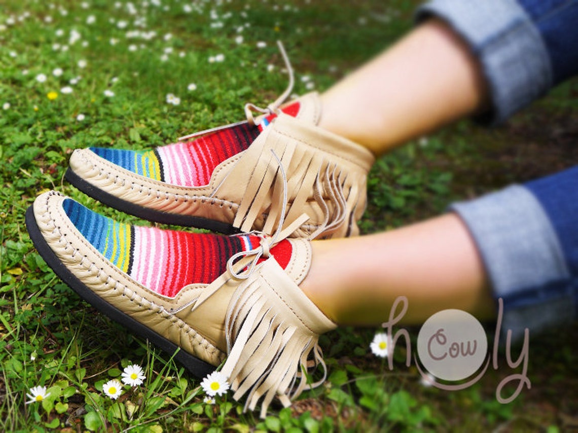 Beige Leather Serape Moccasins, Womens Moccasins, Beige Serape Boots ...