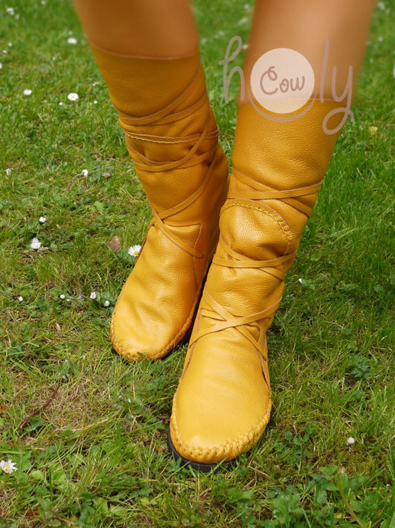 Yellow Leather Moccasins Women Moccasins Moccasin Boots | Etsy