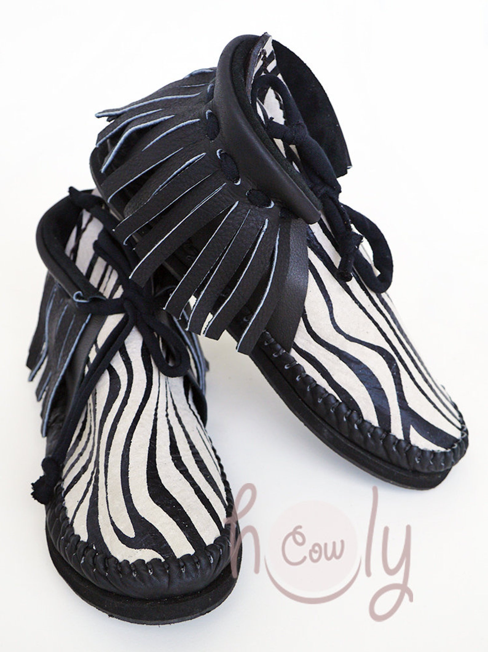 Black Leather Boots With Zebra Print Moccasins Women | Etsy