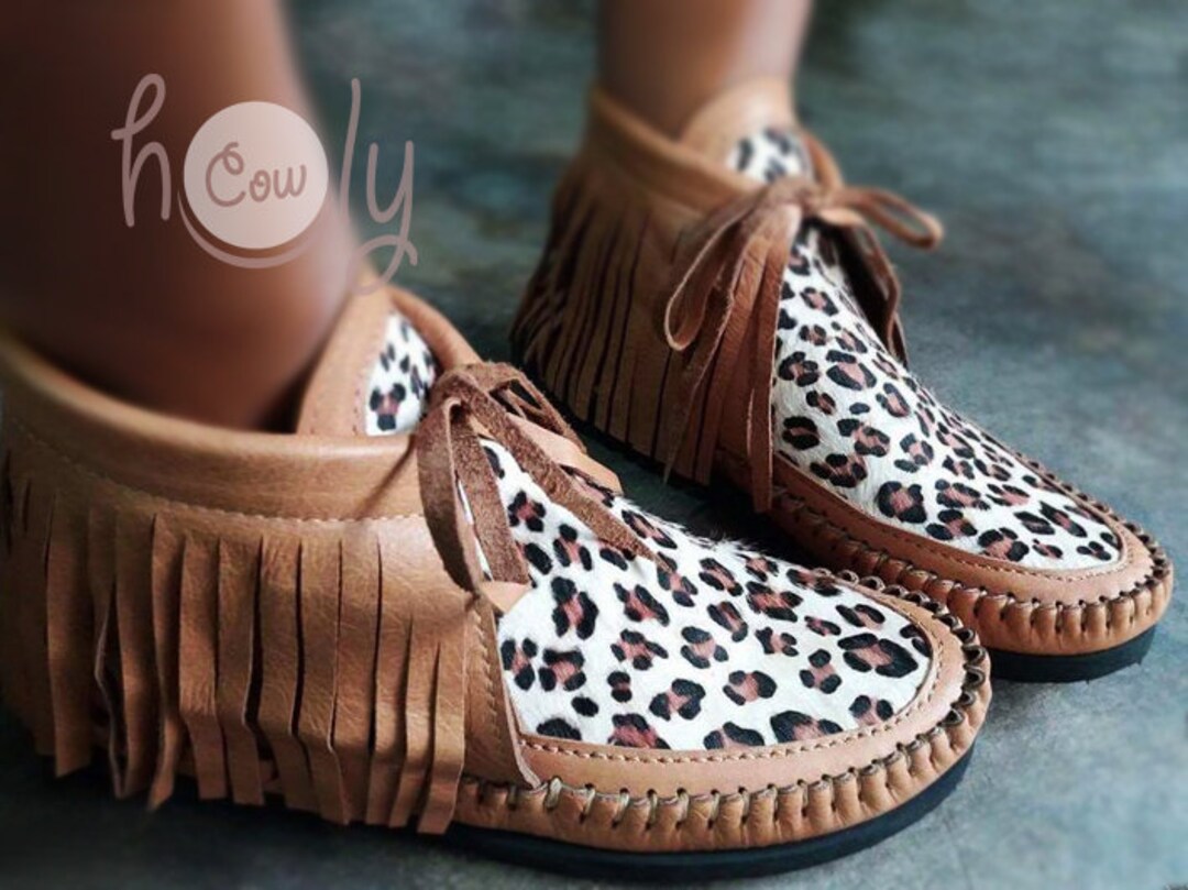 Brown Leather Moccasins With Leopard Print, Brown Moccasin Boots ...