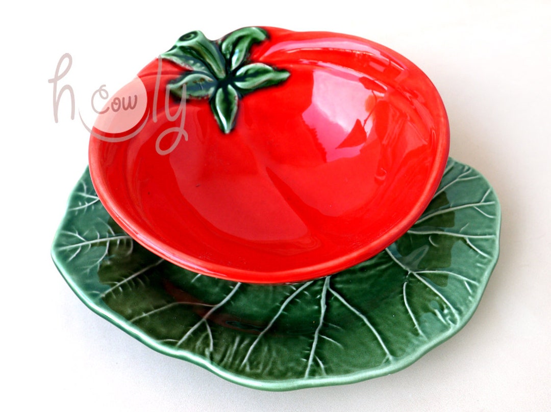 Handmade Ceramic Tomato Bowl With Cabbage Leaf Plate, Ceramic Bowl ...