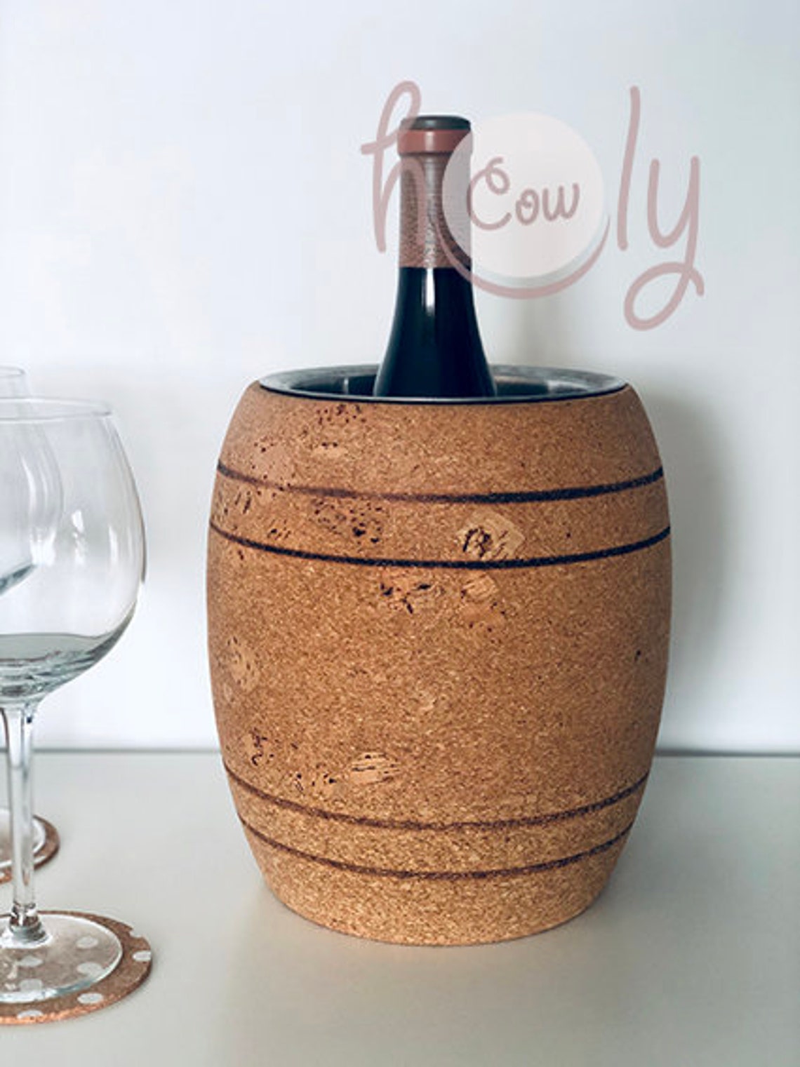 Natural Cork Wine Barrel Ice Bucket, Rustic Champagne Cooler, Stainless ...
