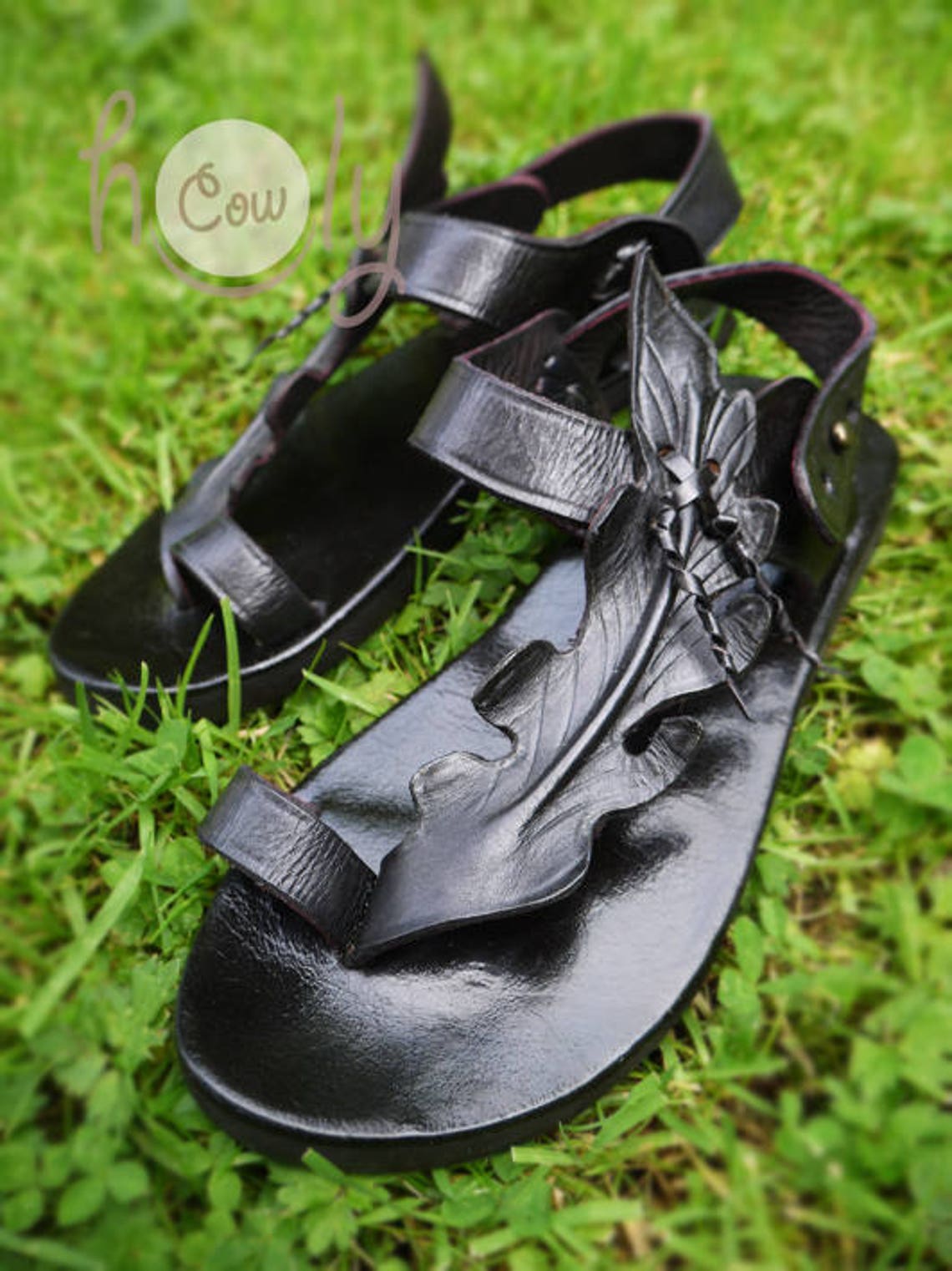 Handmade Leaf Sandals Black Leather Sandals Womens Boho | Etsy