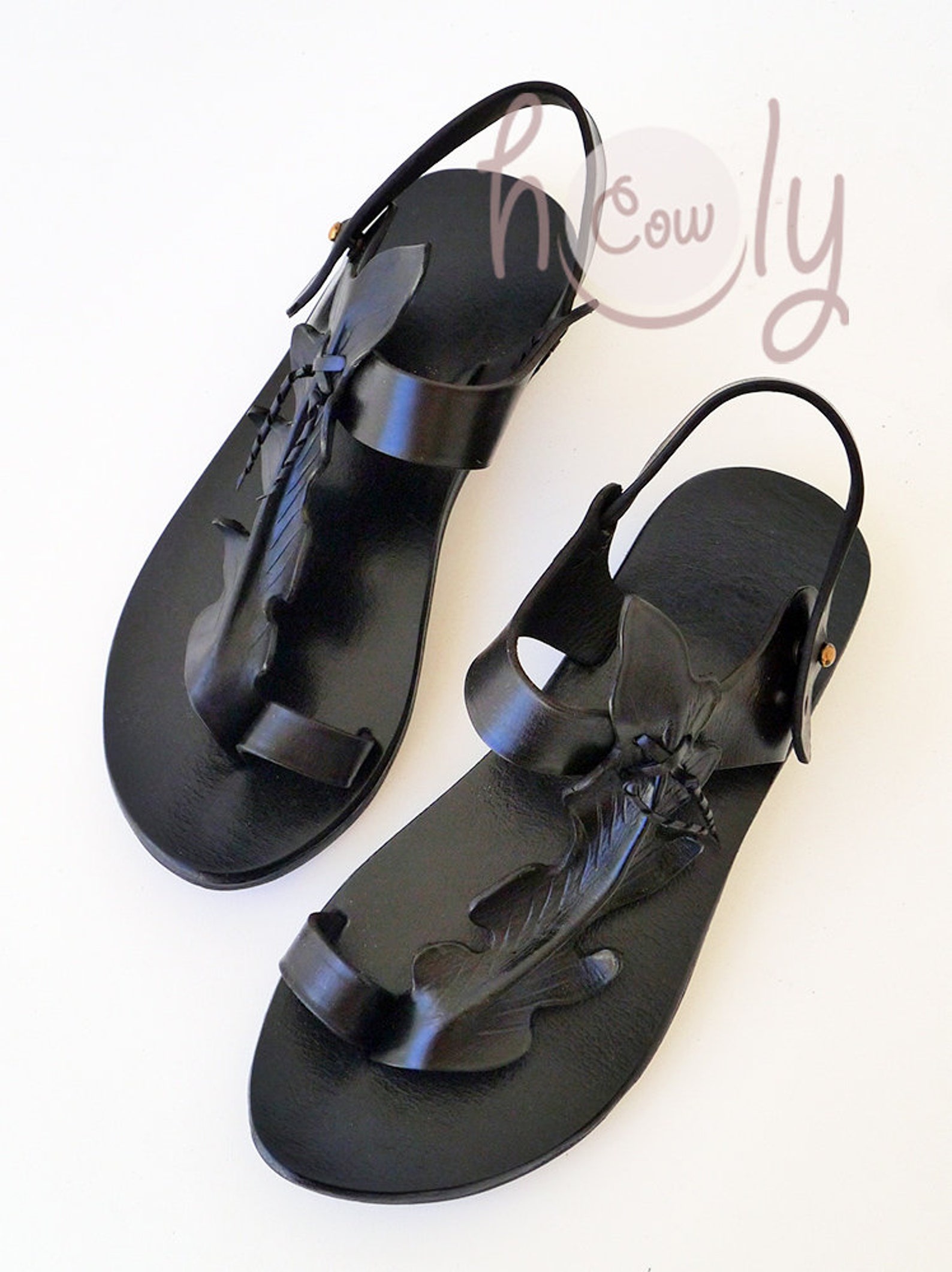 Handmade Leaf Sandals Black Leather Sandals Womens Boho | Etsy