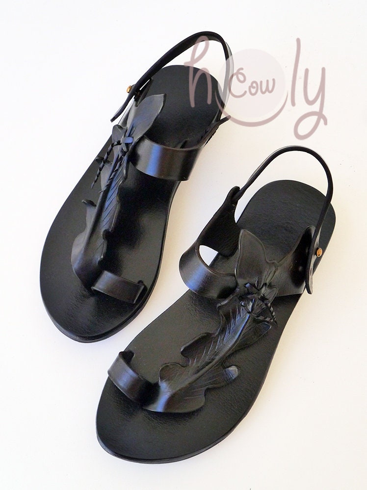 Handmade Leaf Sandals Black Leather Sandals Womens Boho | Etsy