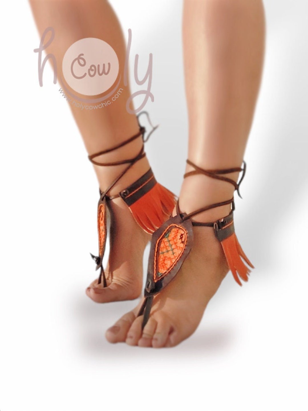 Handmade Tribal Hmong Orange and Brown Leather Barefoot Sandals, Womens ...