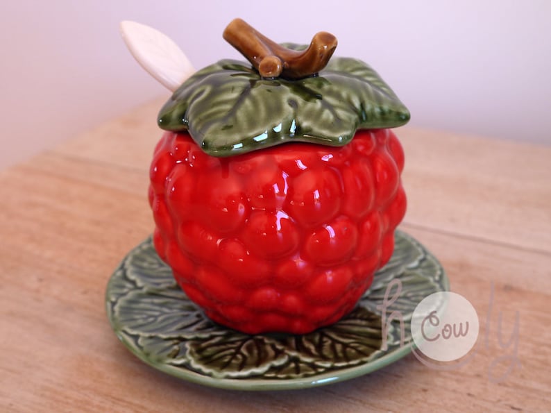 Handmade Ceramic Raspberry Bowl With Spoon on Leaf Plate - Etsy