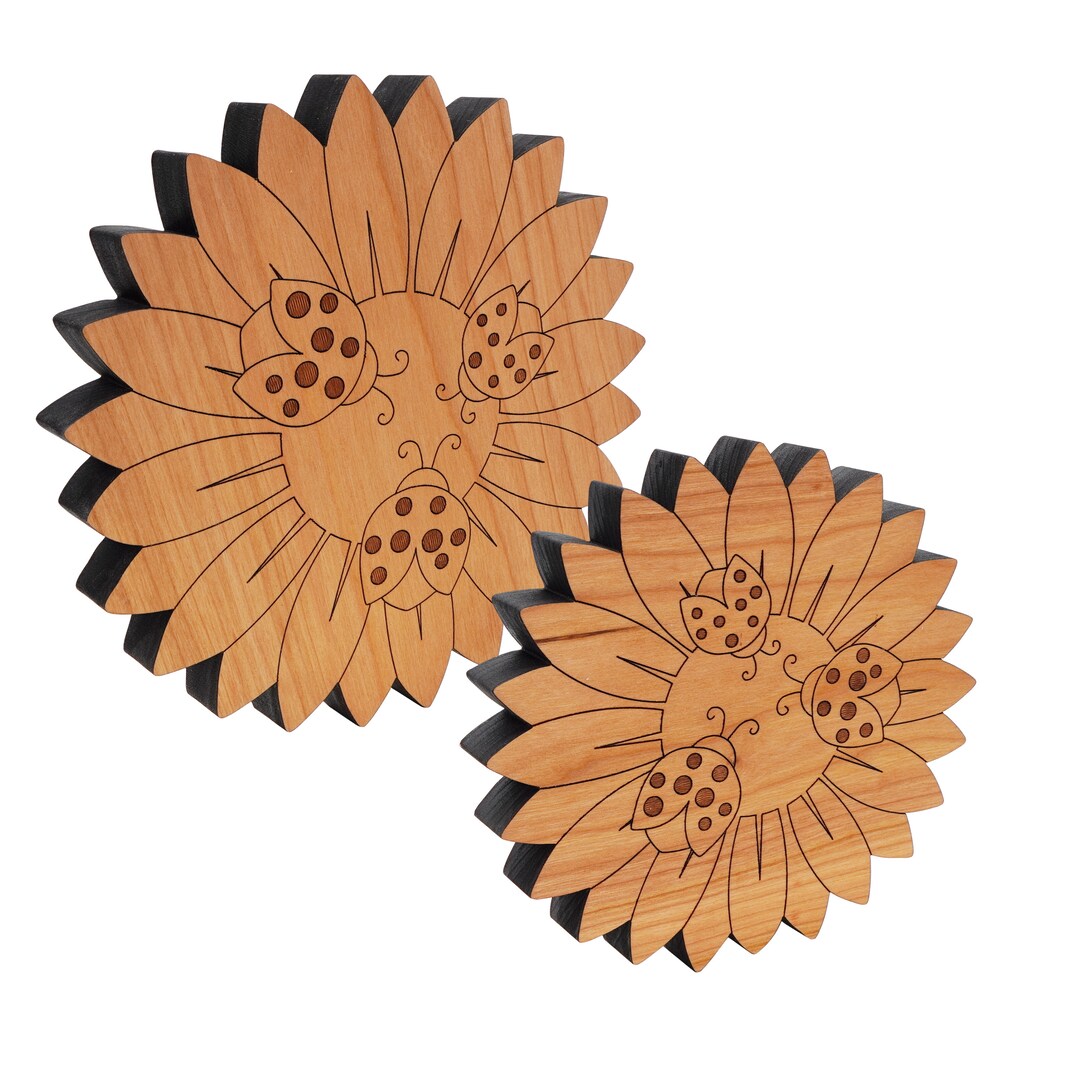 Lady Bugs on a Sunflower Trivet Solid Cherry Wood Trivet Hot Pad Holder ...