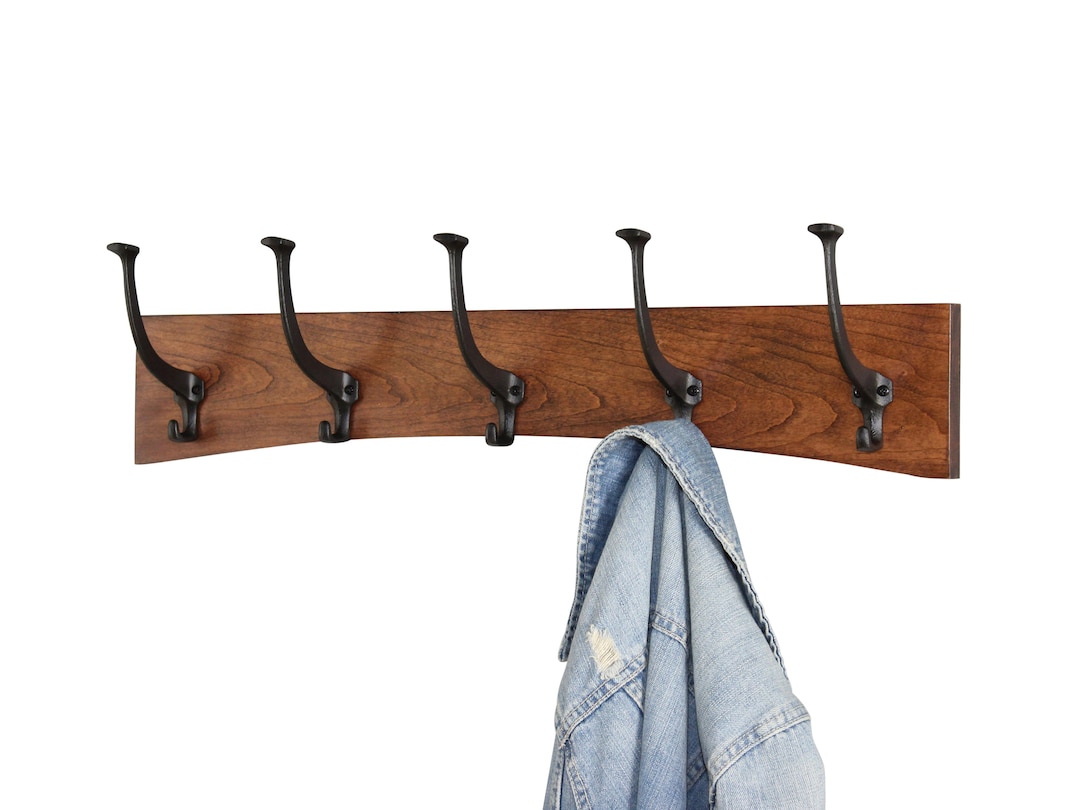 Solid Cherry Wall Coat Rack Curved Design Mission Style Black Hooks - Etsy