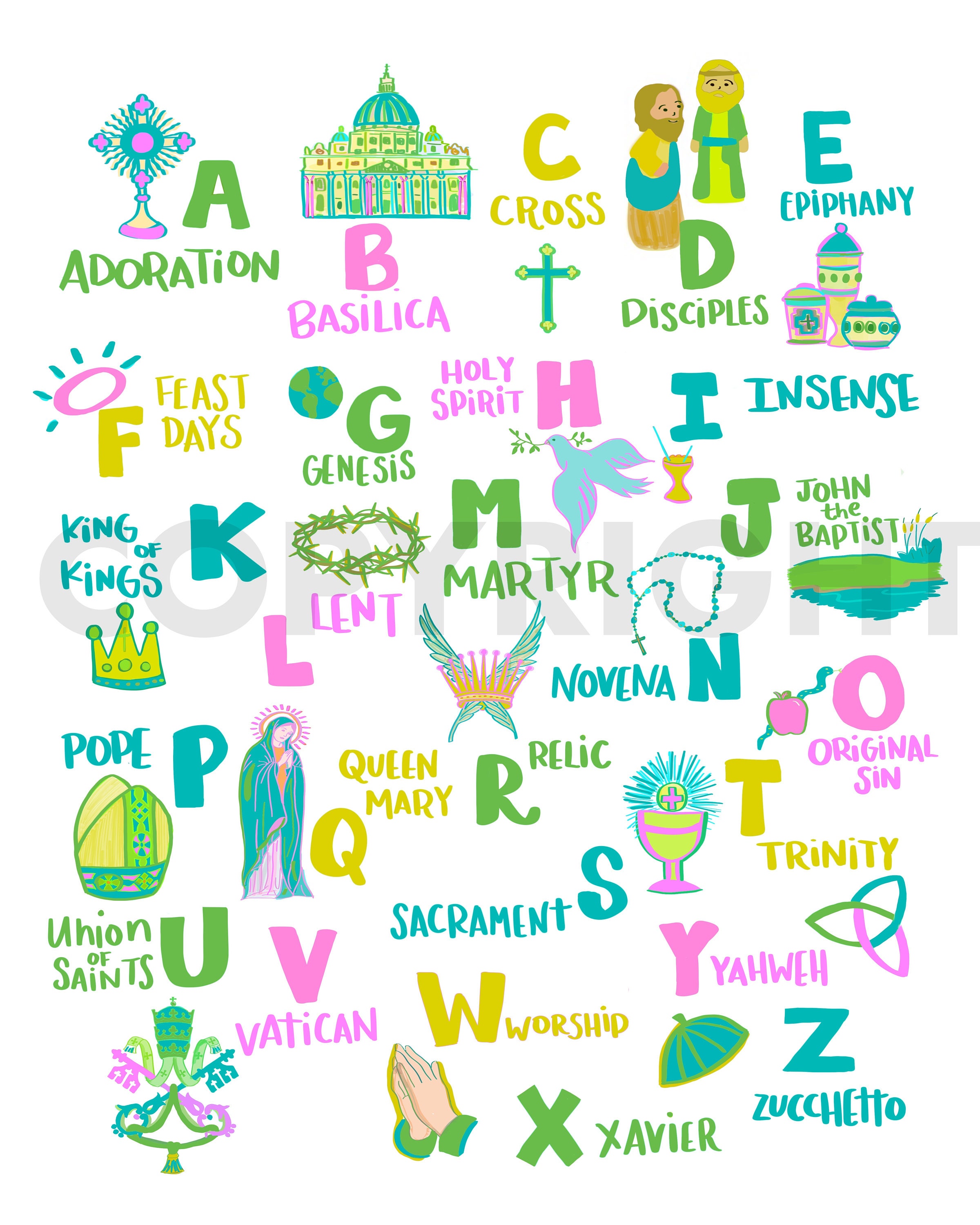 Catholic Abc's Print pastel/girl Hand-drawn Catholic Alphabet Print ...