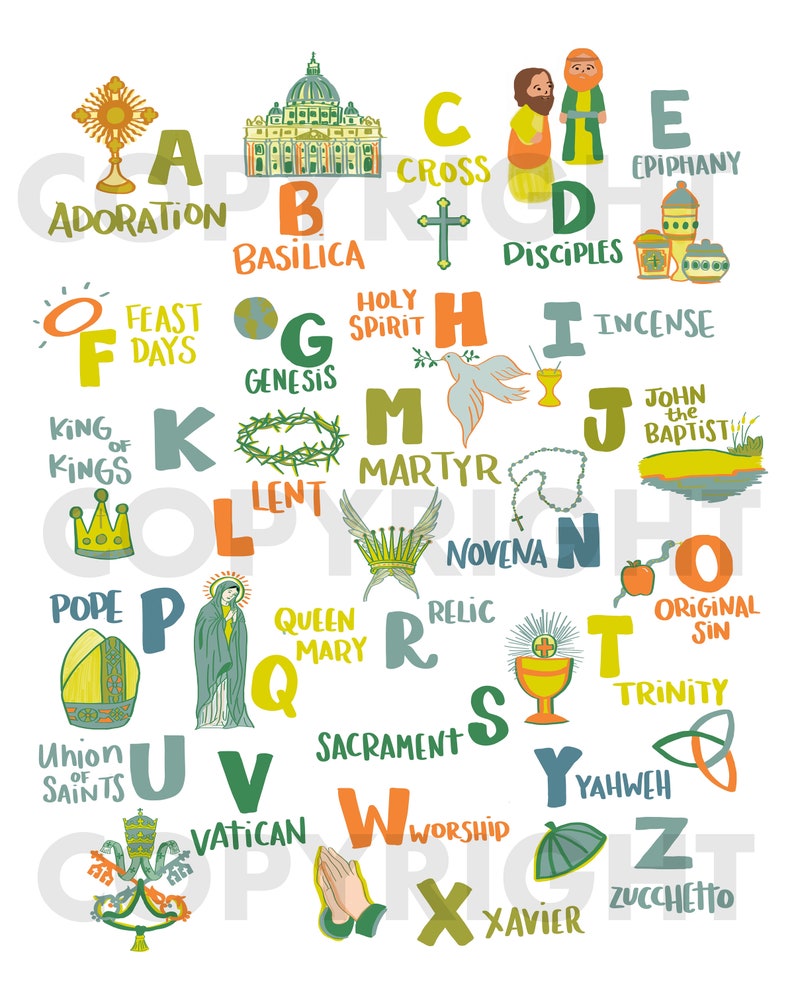 Catholic Abc's Print Hand-drawn Catholic Alphabet Print - Etsy