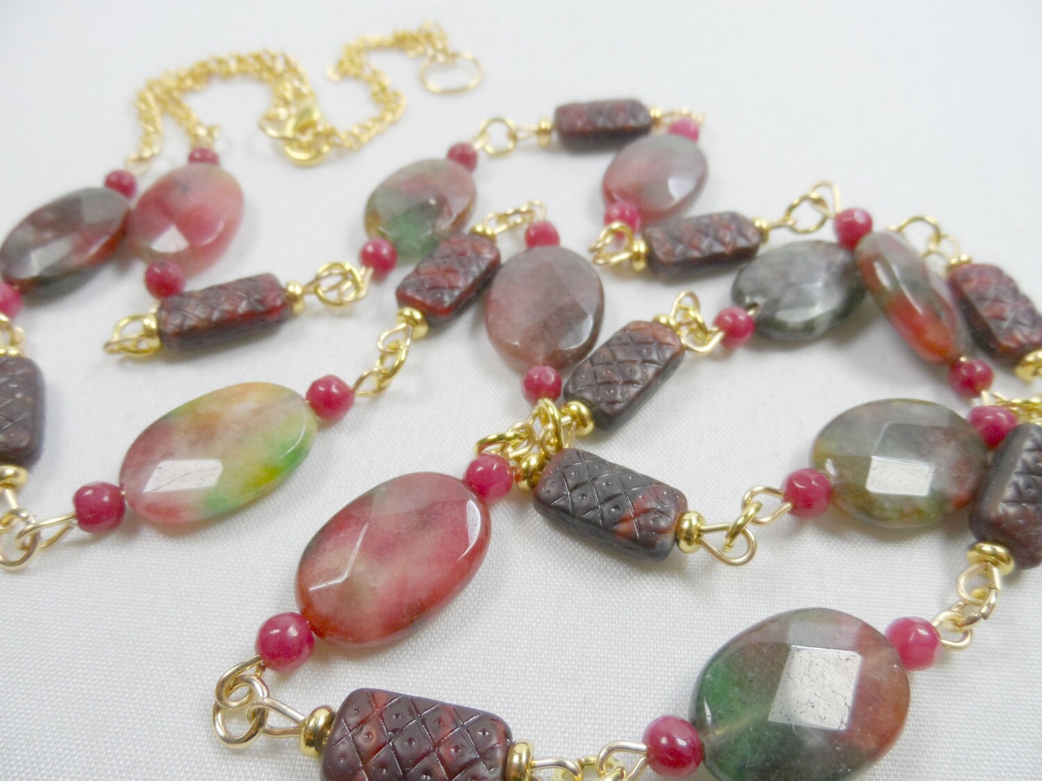 Green and Ruby Oval Gemstone Segmented Necklace in Goldtone - 30 ...