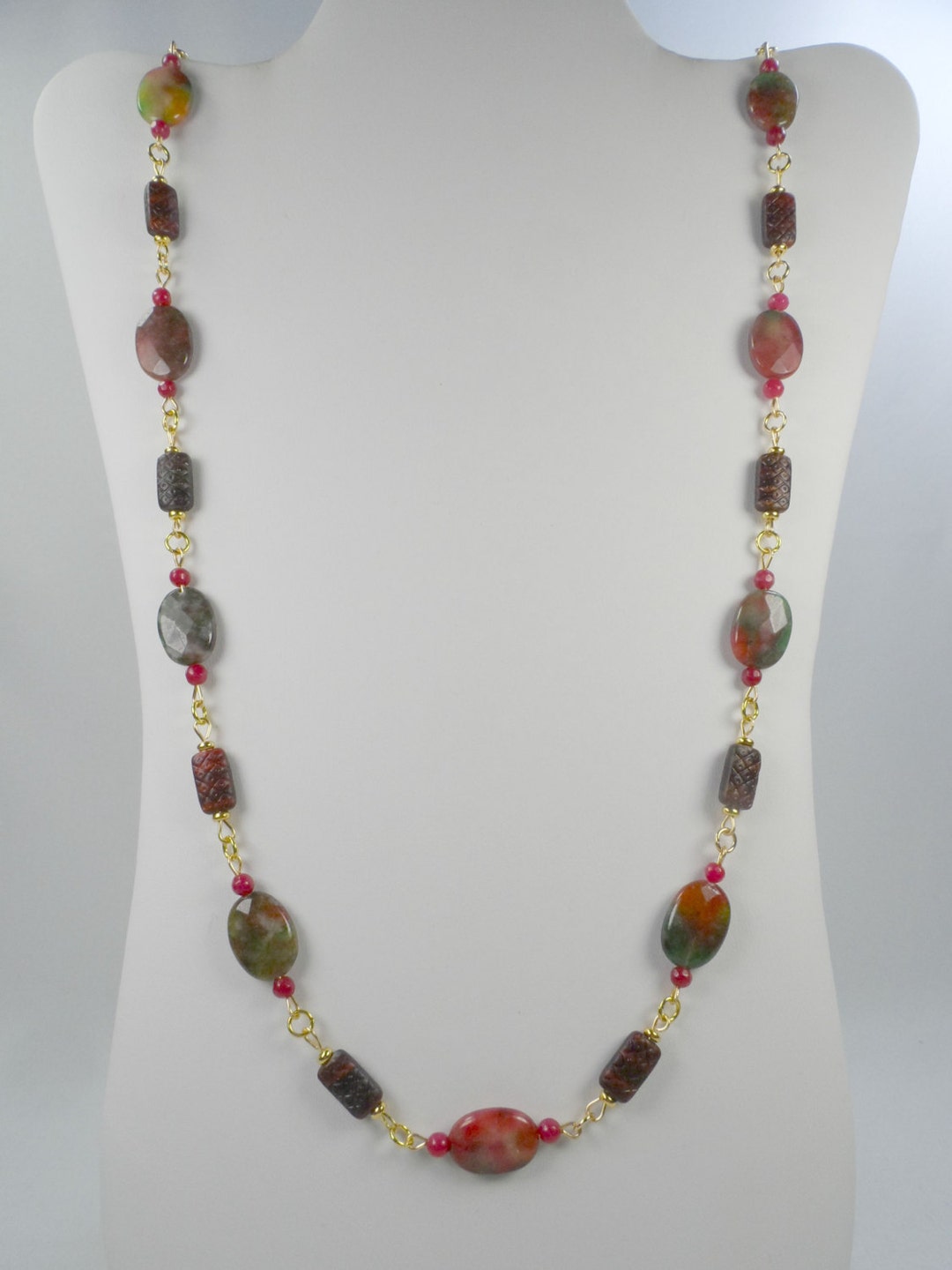 Green and Ruby Oval Gemstone Segmented Necklace in Goldtone - 30 ...