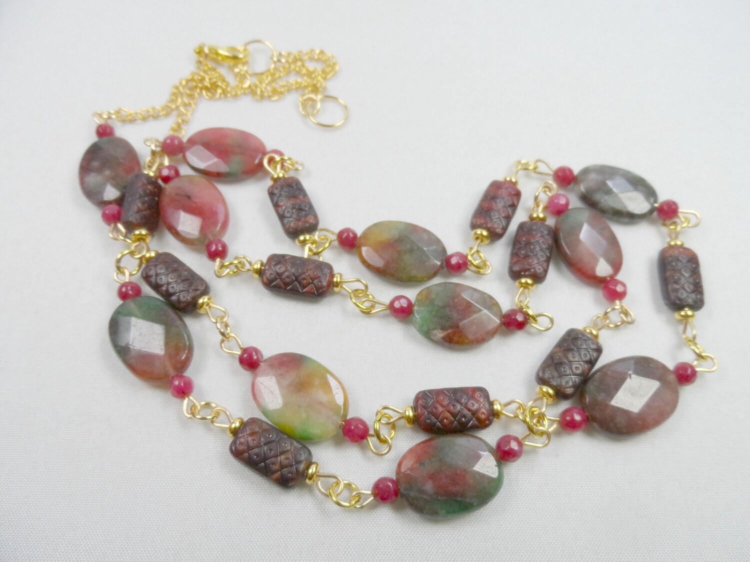 Green and Ruby Oval Gemstone Segmented Necklace in Goldtone - 30 ...
