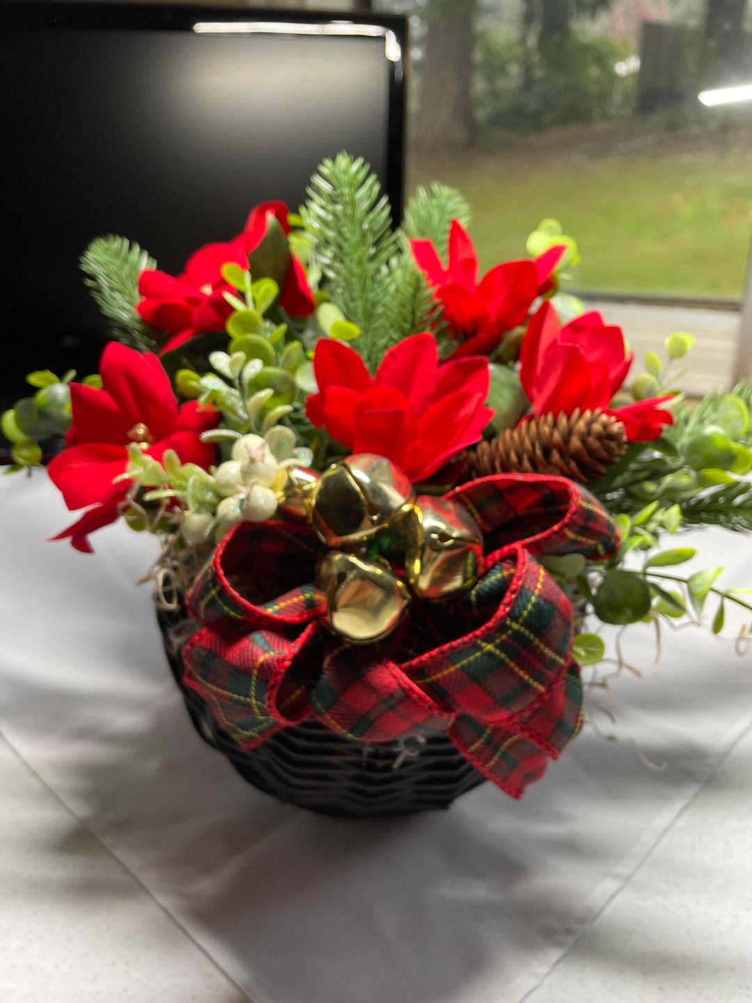 Christmas Holiday Bouquet in Dark Brown Wicker Hanging Basket Red ...