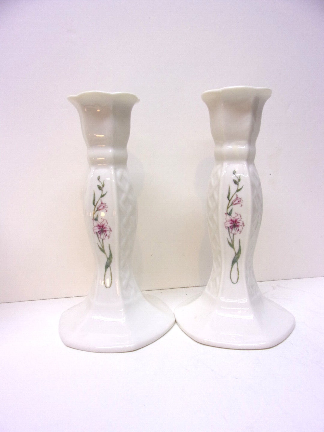 Mint Set of Belleek Trellis Pattern 7" Candle Holders - Etsy