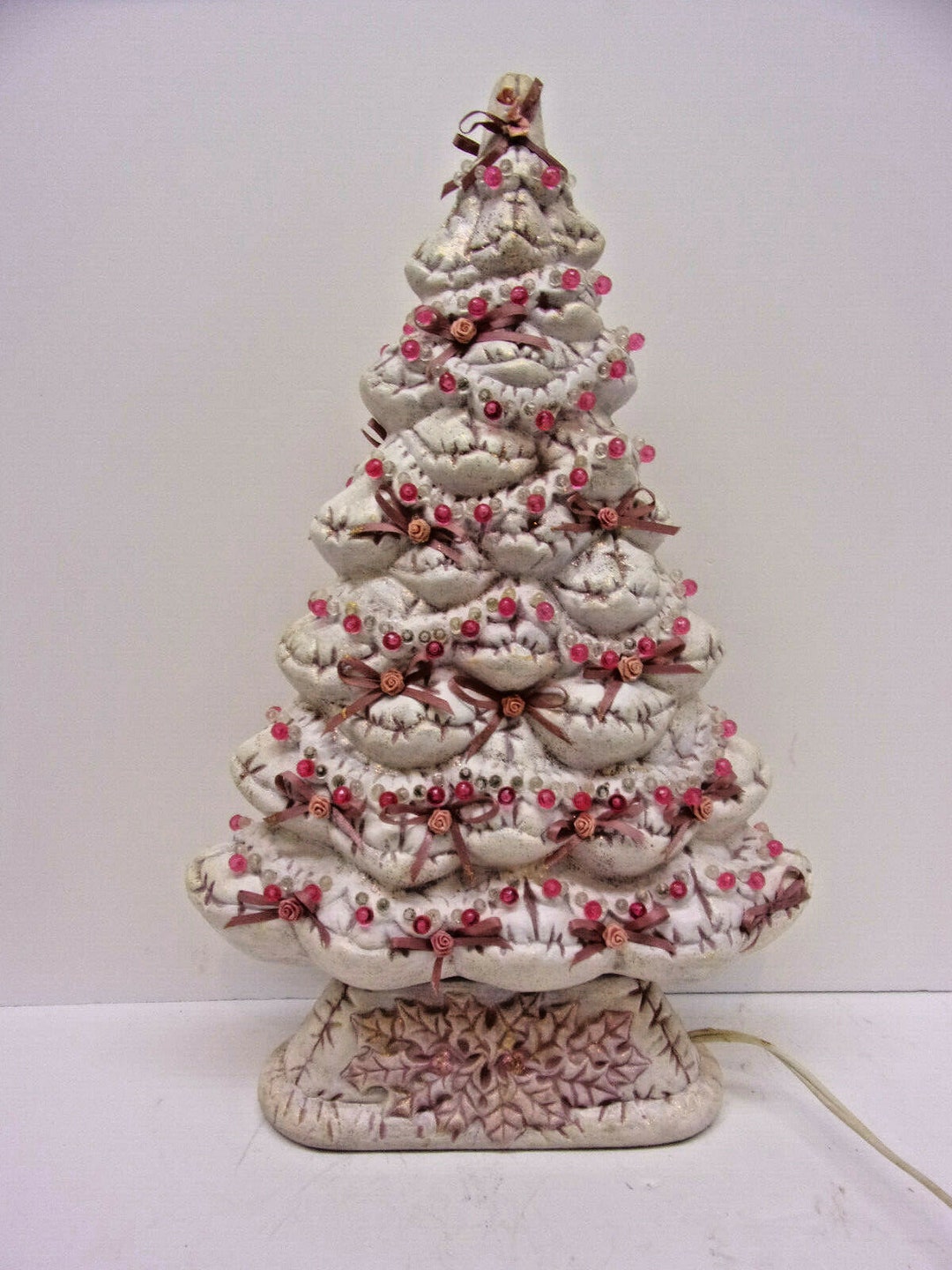 Unique 1980s Ceramic Christmas Tree Pink Roses Pink Ribbons and Pink ...