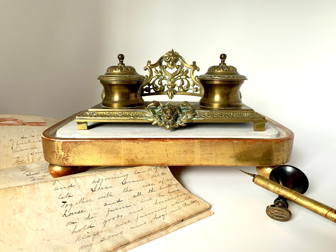 Antique Lion Double Brass Inkwell Ca. 1900 - Calligraphy Inkwell - Gift ...